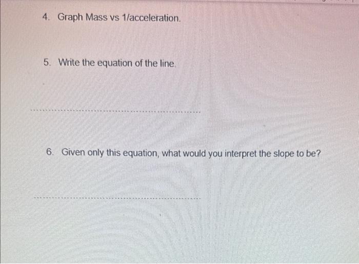 Solved 4. Graph Mass vs 1/acceleration. 5. Write the | Chegg.com