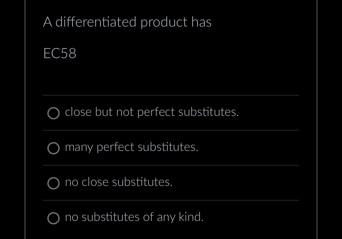 Solved A differentiated product hasEC58close but not perfect | Chegg.com