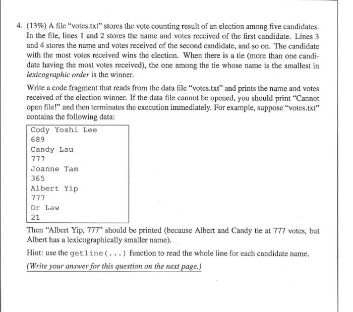 Solved 4. (13\%) A file "votes.txt" stores the vote counting | Chegg.com