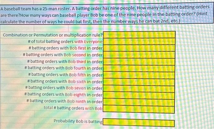 Solved A baseball team has a 25 -man roster. A batting order | Chegg.com