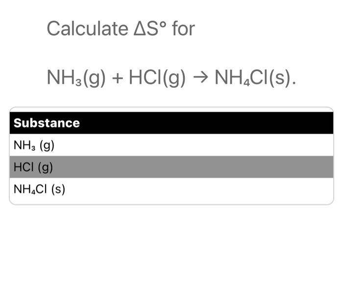 Solved Calculate ΔS∘ for NH3( g)+HCl(g)→NH4Cl(s). | Chegg.com
