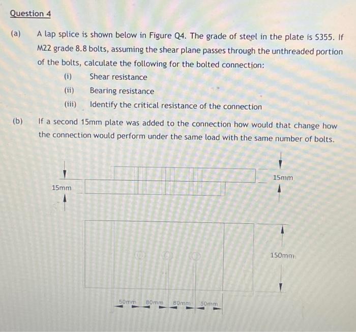 Solved Question 4 (a) A lap splice is shown below in Figure | Chegg.com