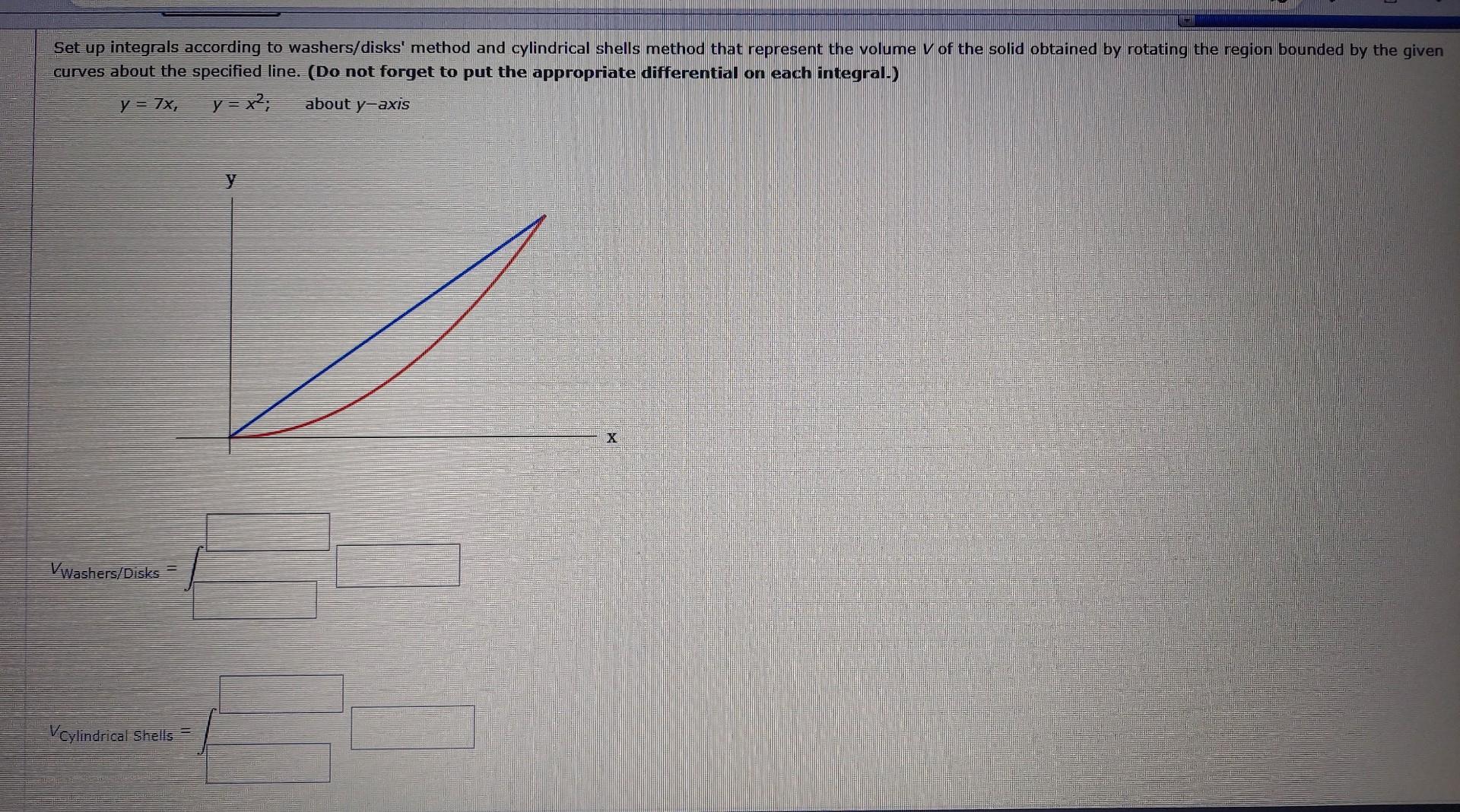Solved Set up integrals according to washers/disks' method | Chegg.com Solved Set up integrals according to washers/disks' method | Chegg.com