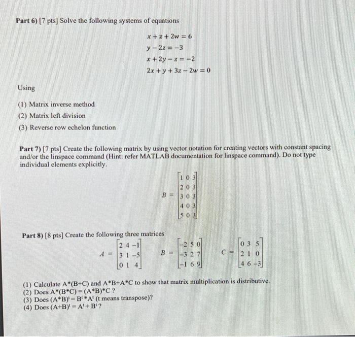 Solved Part 6) [7 pts] Solve the following systems of | Chegg.com