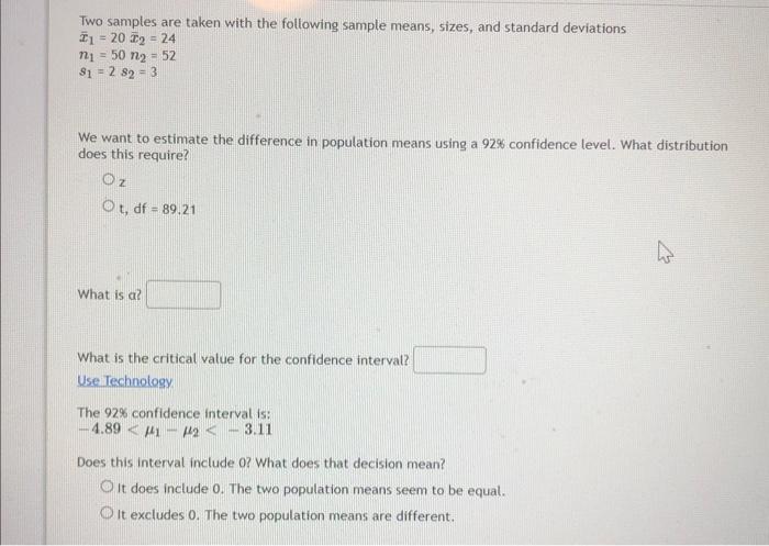 Solved Two samples are taken with the following sample | Chegg.com