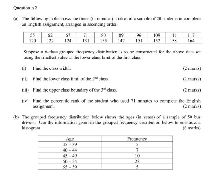 Solved Question A2 (a) The following table shows the times | Chegg.com