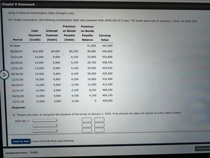 Solved Using a Premium Amortization Table (Straight Line) | Chegg.com