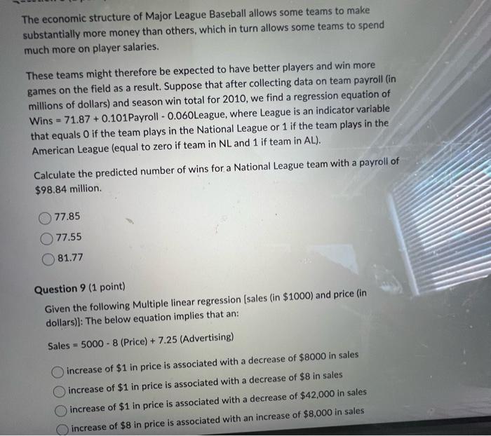 Solved The economic structure of Major League Baseball | Chegg.com