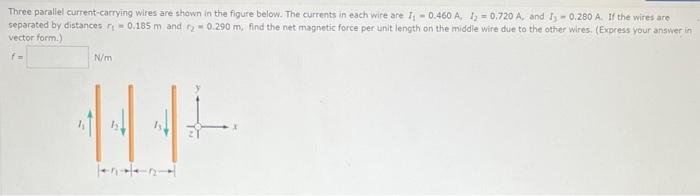 Solved Three parallel current-carrying wires are shown in | Chegg.com