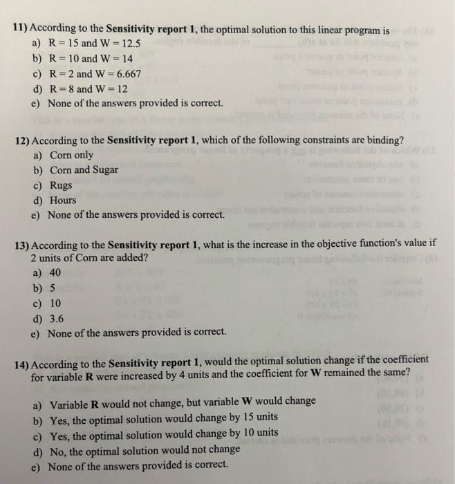 Solved Use Sensitivity report 1 below to answer questions 11 | Chegg.com
