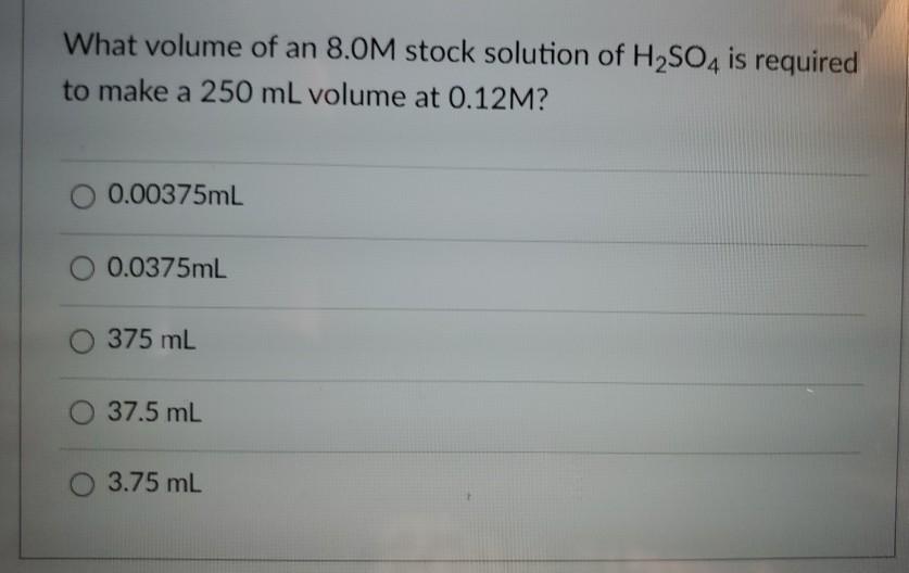 Solved What volume of an 8.0M stock solution of H2SO4 is | Chegg.com