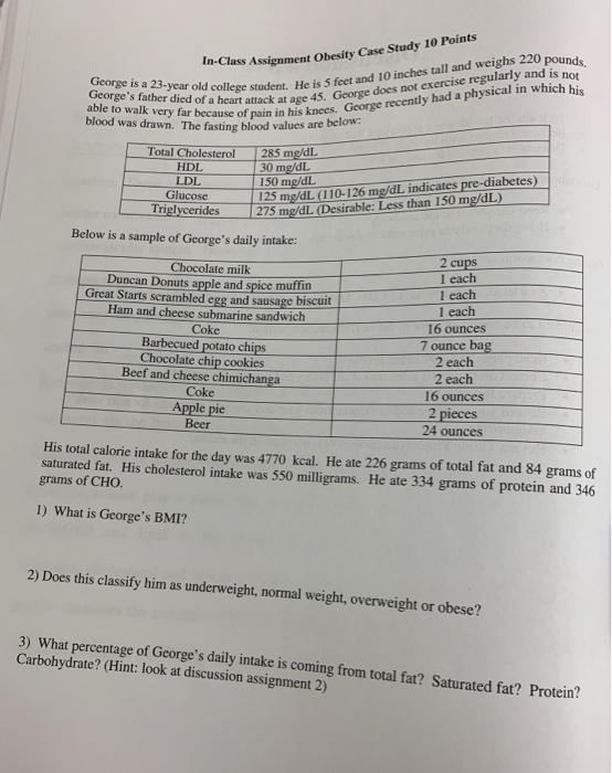 Solved In-Class Assignment Obesity Case Study 10 Points | Chegg.com