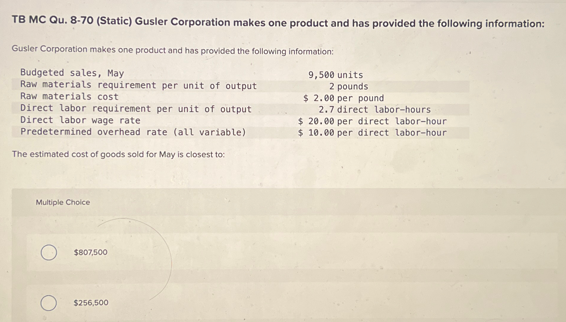 Solved TB MC Qu. 8-70 (Static) ﻿Gusler Corporation makes one | Chegg.com