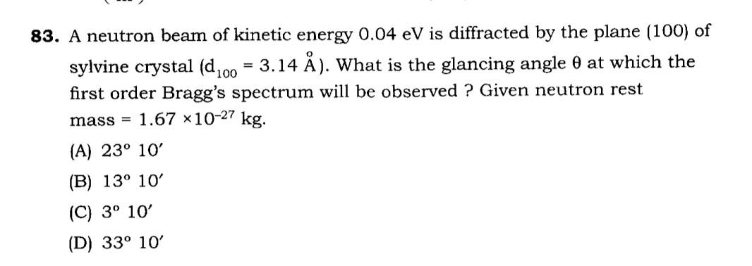 Solved 83. A neutron beam of kinetic energy 0.04eV is | Chegg.com