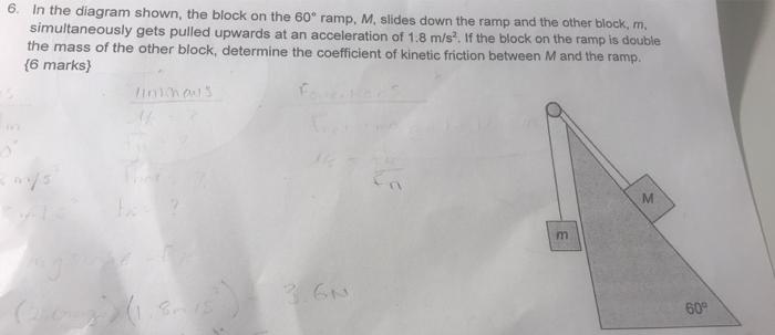 Solved 6. In the diagram shown, the block on the 60° ramp, | Chegg.com