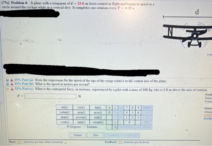Solved (7\%) Problem 4: A plane with a wingspan of d=23.6 m | Chegg.com