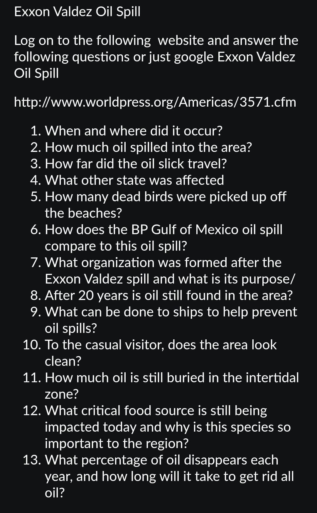 Solved Exxon Valdez Oil Spill Log on to the following | Chegg.com