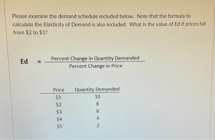 Solved Please examine the demand schedule included below. | Chegg.com