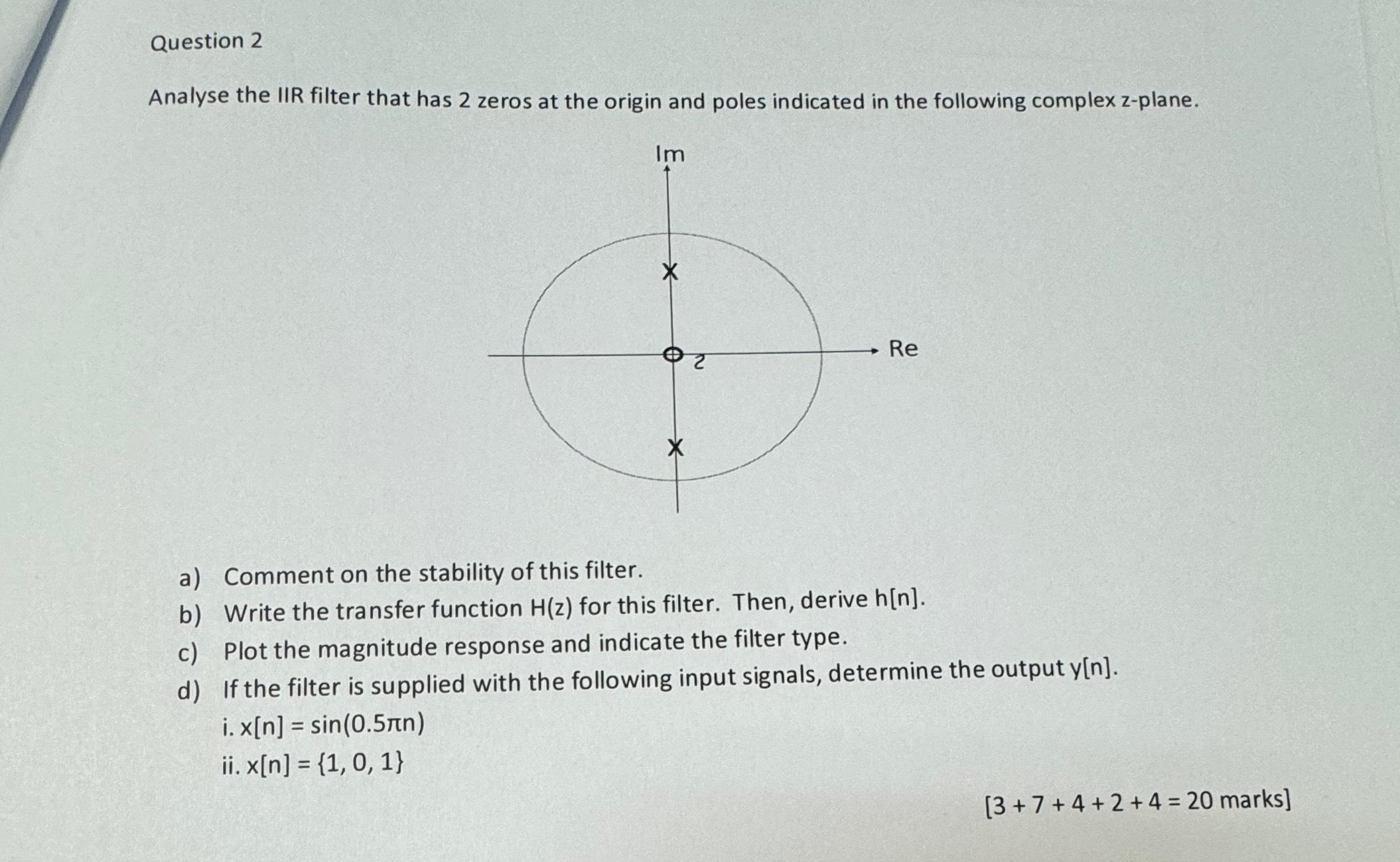 Solved Question 2Analyse the IIR filter that has 2 ﻿zeros at | Chegg.com