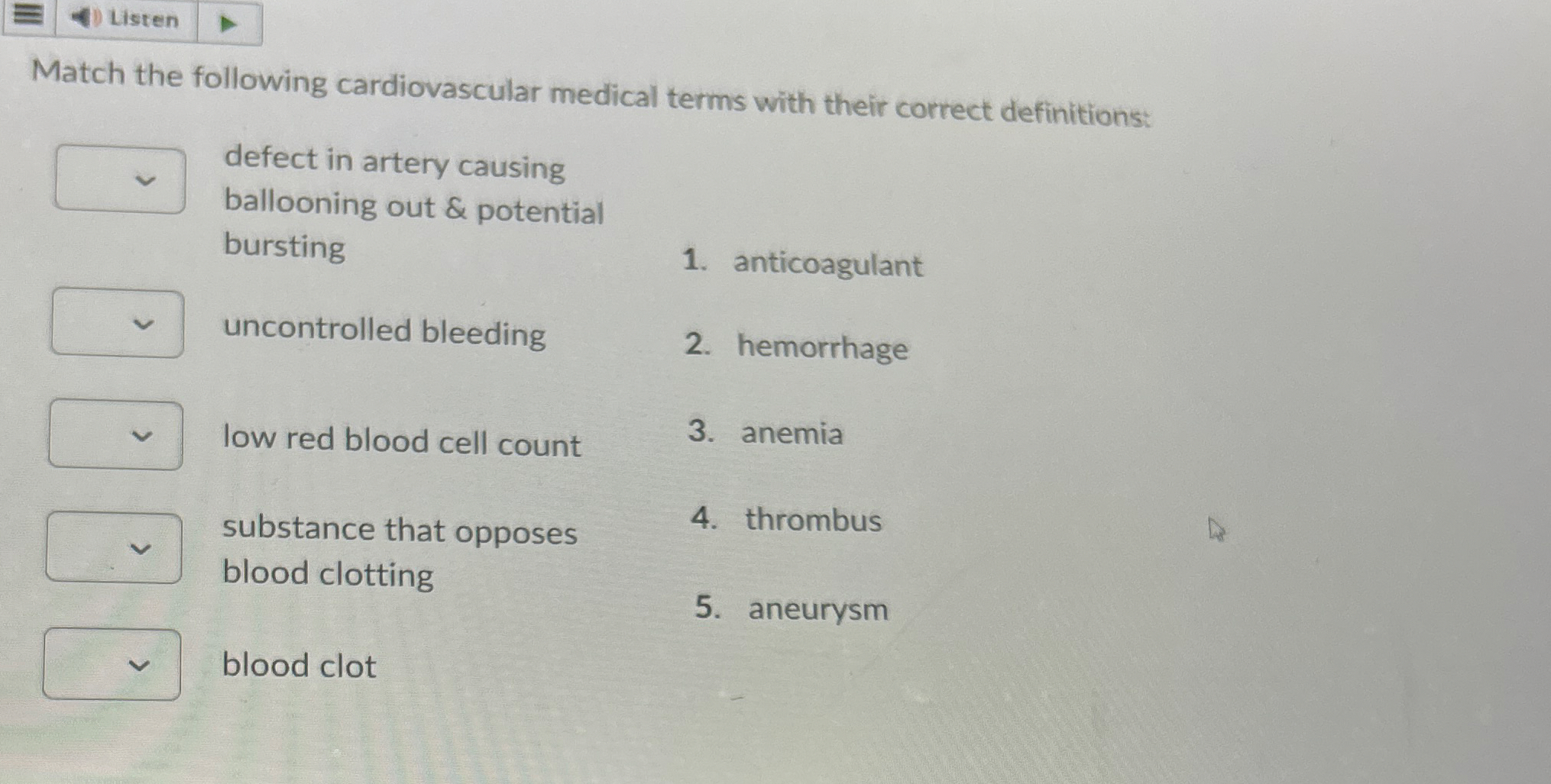 ListenMatch the following cardiovascular medical | Chegg.com
