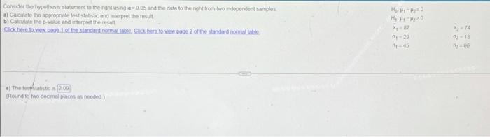 Solved a) Catculate the acpropnate test statstec and | Chegg.com