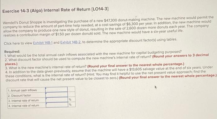 Solved Exercise 14-3 (Algo) Internal Rate of Return (LO14-3) | Chegg.com