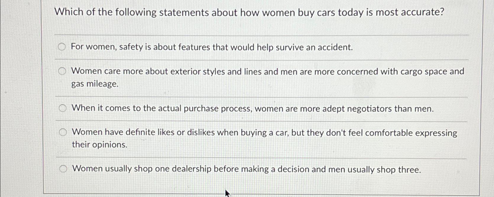 Solved Which of the following statements about how women buy | Chegg.com