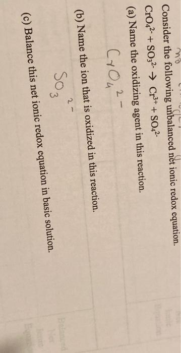 Solved Consider the following unbalanced net ionic redox | Chegg.com