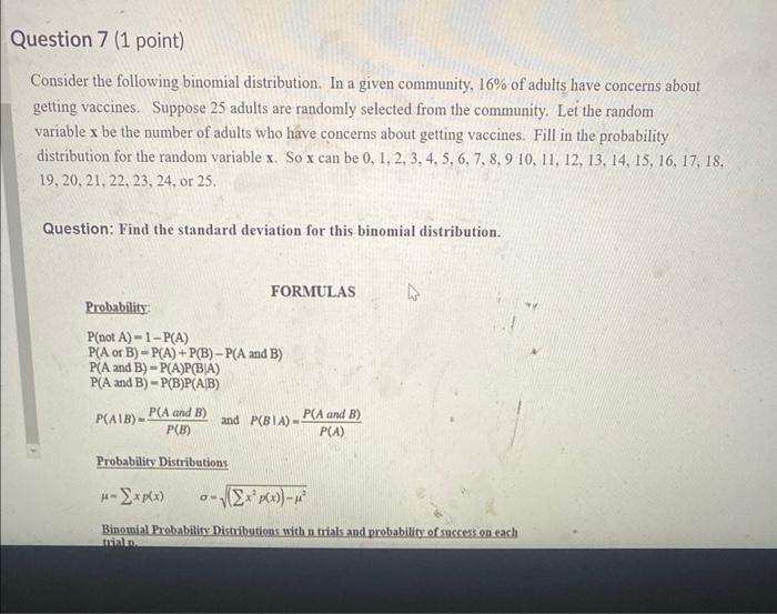 Solved uestion 7 (1 point) Consider the following binomial | Chegg.com