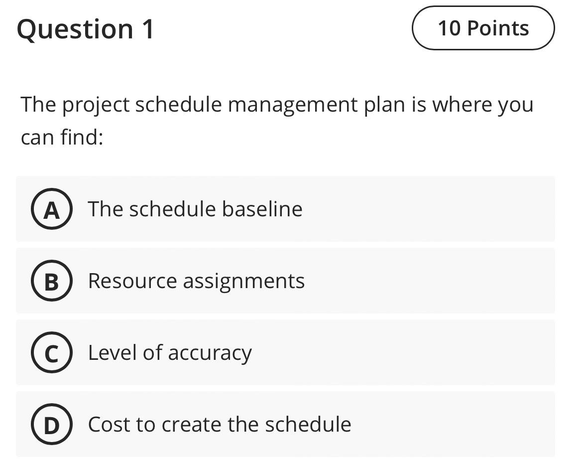 Solved Question 1The project schedule management plan is | Chegg.com