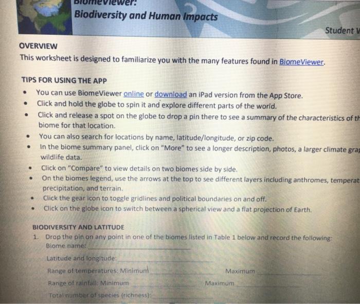 Biodiversity and Human Impacts Student V OVERVIEW | Chegg.com