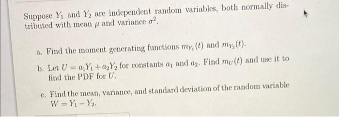 Solved Suppose Yi and Y2 are independent random variables, | Chegg.com