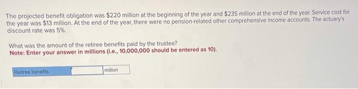 Solved The projected benefit obligation was $220 million at | Chegg.com