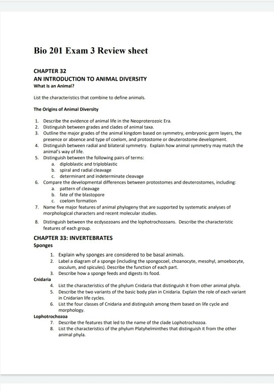 Bio 201 Exam 3 Review sheet CHAPTER 32 AN | Chegg.com