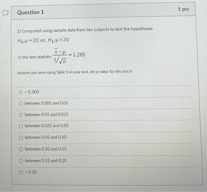 Solved 1) Computed using sample data from ten subjects to | Chegg.com