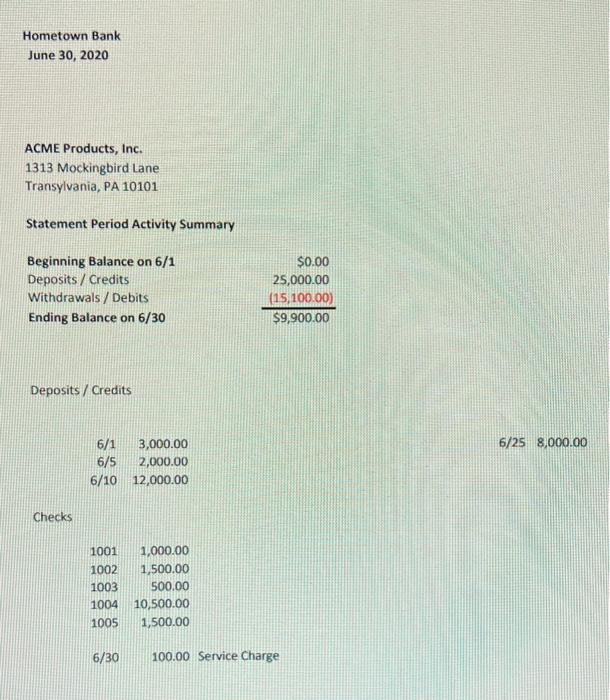 Solved 1. What is the Bank Ballance at June 30, 2020?2. What | Chegg.com