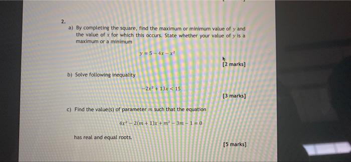 Solved 2. a) By completing the square, find the maximum or | Chegg.com