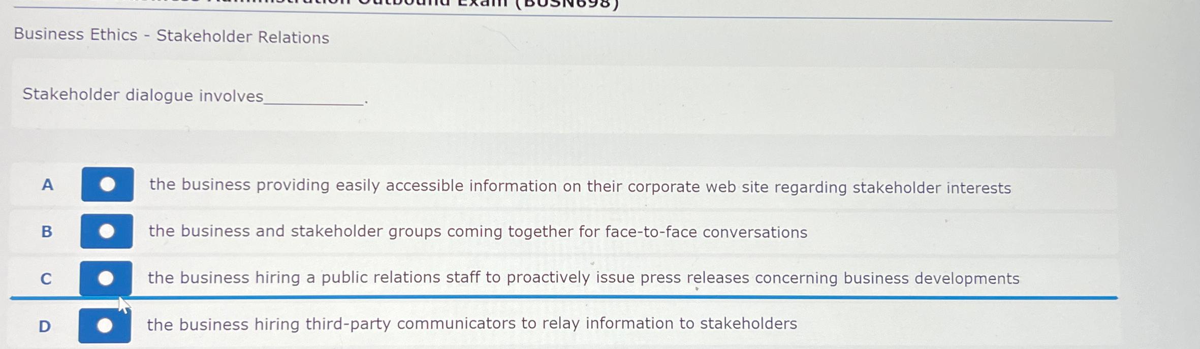 Solved Business Ethics - ﻿Stakeholder RelationsStakeholder | Chegg.com