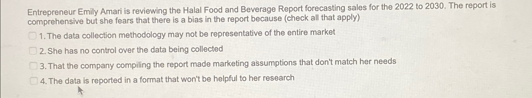 Solved Entrepreneur Emily Amari is reviewing the Halal Food | Chegg.com