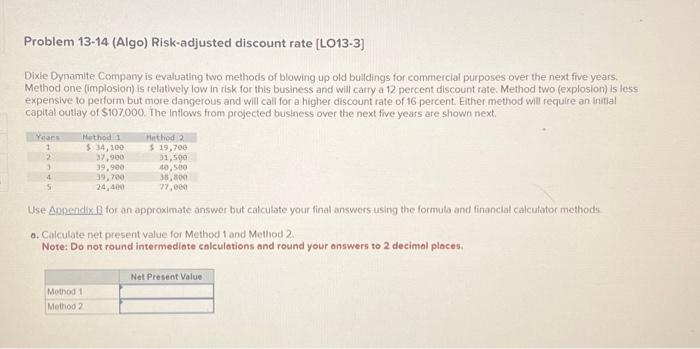 Solved Problem 13-14 (Algo) Risk-adjusted discount rate | Chegg.com