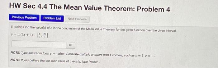 Solved HW Sec 4.4 The Mean Value Theorem: Problem 4 Previous | Chegg.com