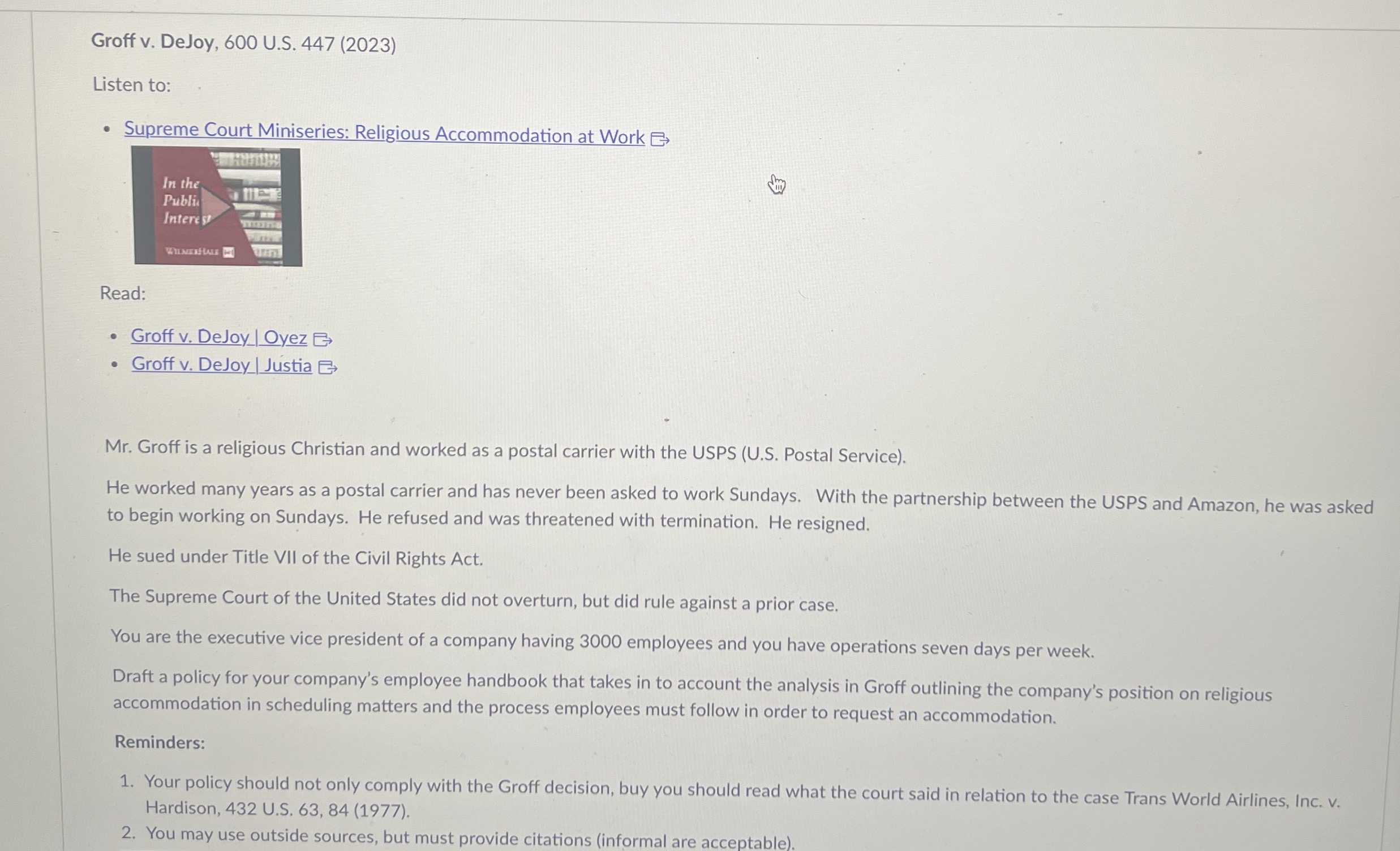 Solved Groff v. ﻿DeJoy, 600 ﻿U.S. 447 (2023)Listen | Chegg.com