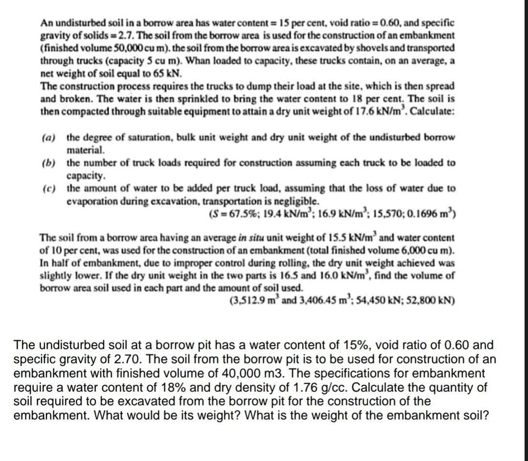 Solved An undisturbed soil in a borrow area has water | Chegg.com