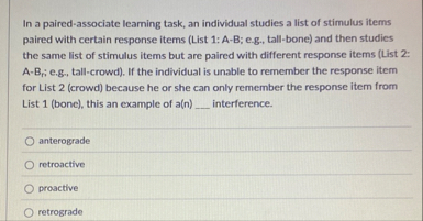 Solved In a paired-associate learning task, an individual | Chegg.com