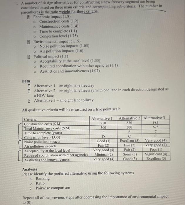 Solved 1. A number of design alternatives for constructing a | Chegg.com