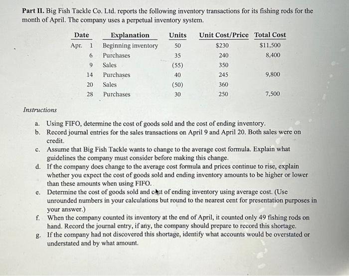 Solved Part II. Big Fish Tackle Co. Ltd. reports the | Chegg.com