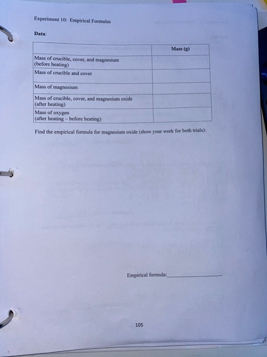 Solved Experiment 10: Empirical Formulas Prelab: Name: 1. | Chegg.com