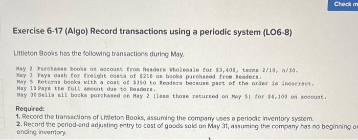 Solved Exercise 6-17 (Algo) Record transactions using a | Chegg.com