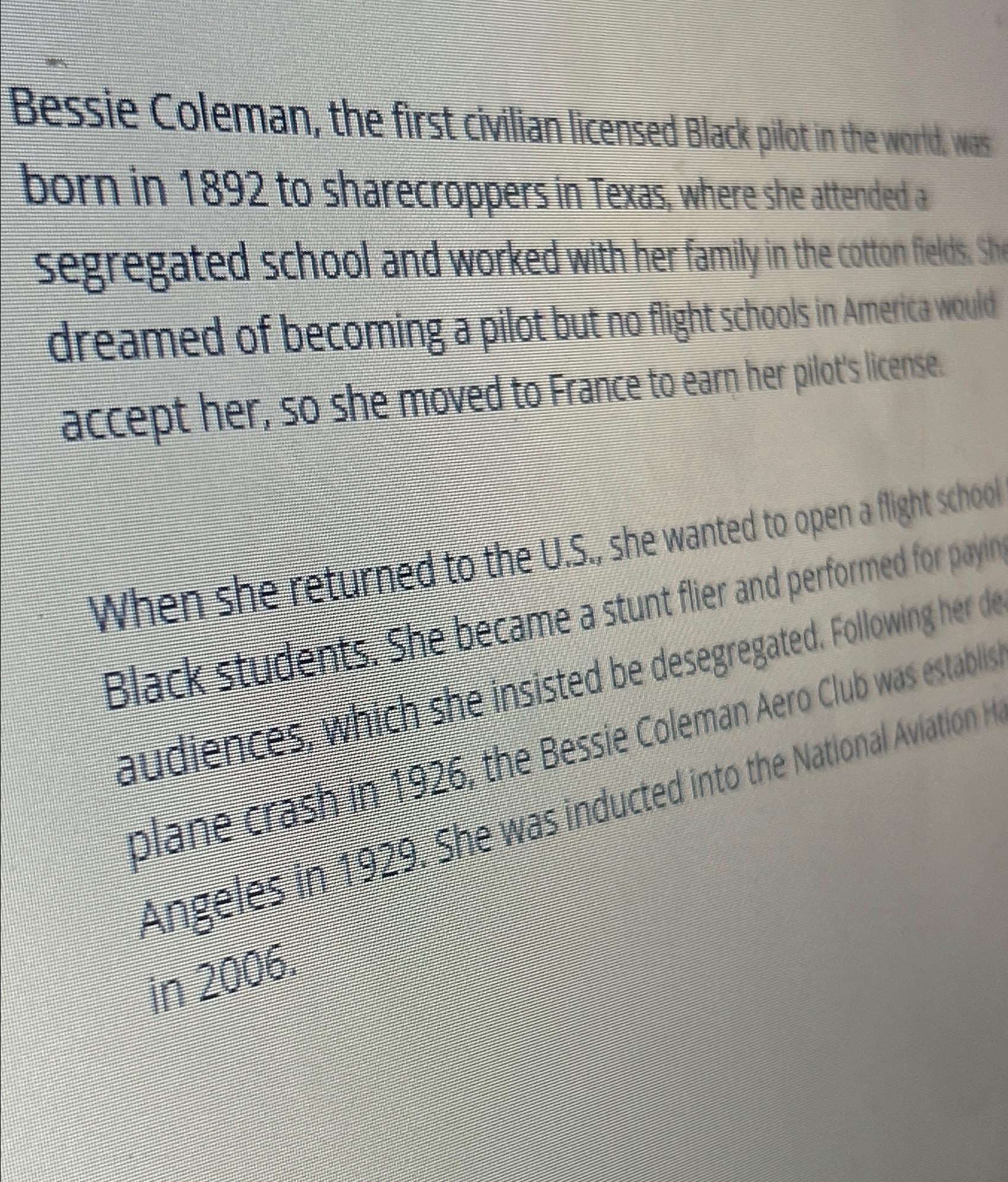 Solved Bessie Coleman, the first civilian licensed Black | Chegg.com