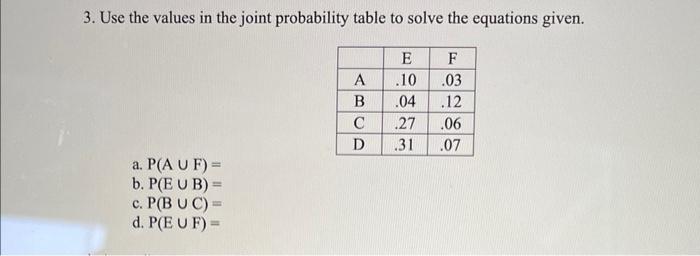 Solved 3. Use the values in the joint probability table to | Chegg.com